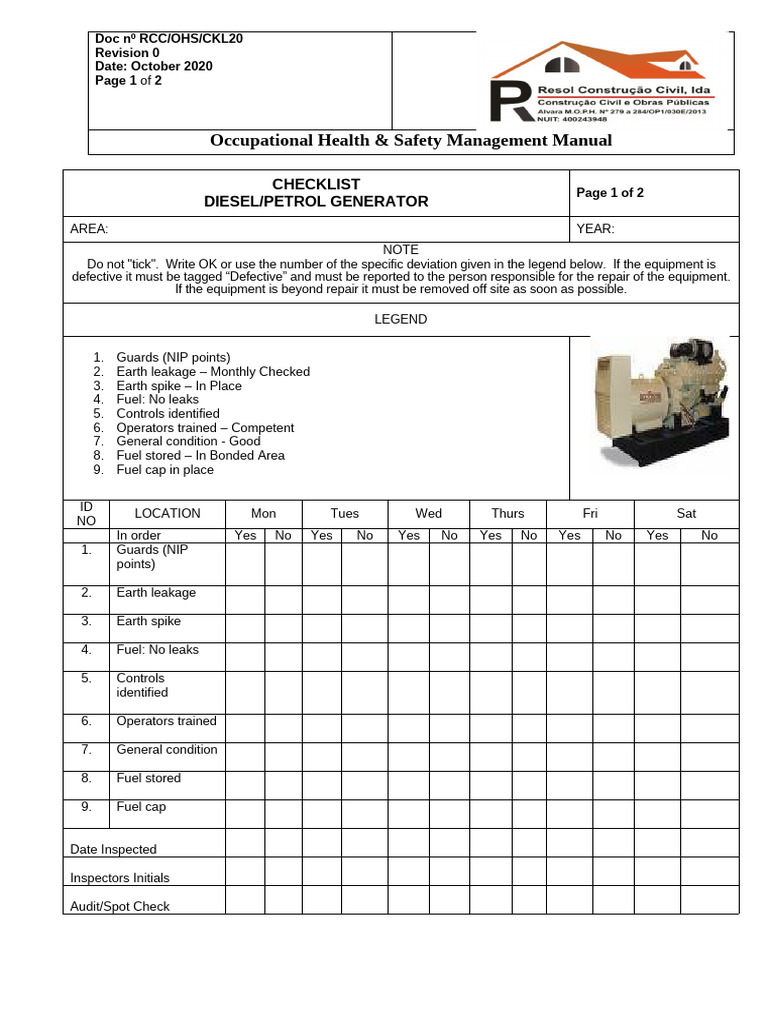 Generator Safety Checklist Manual | PDF
