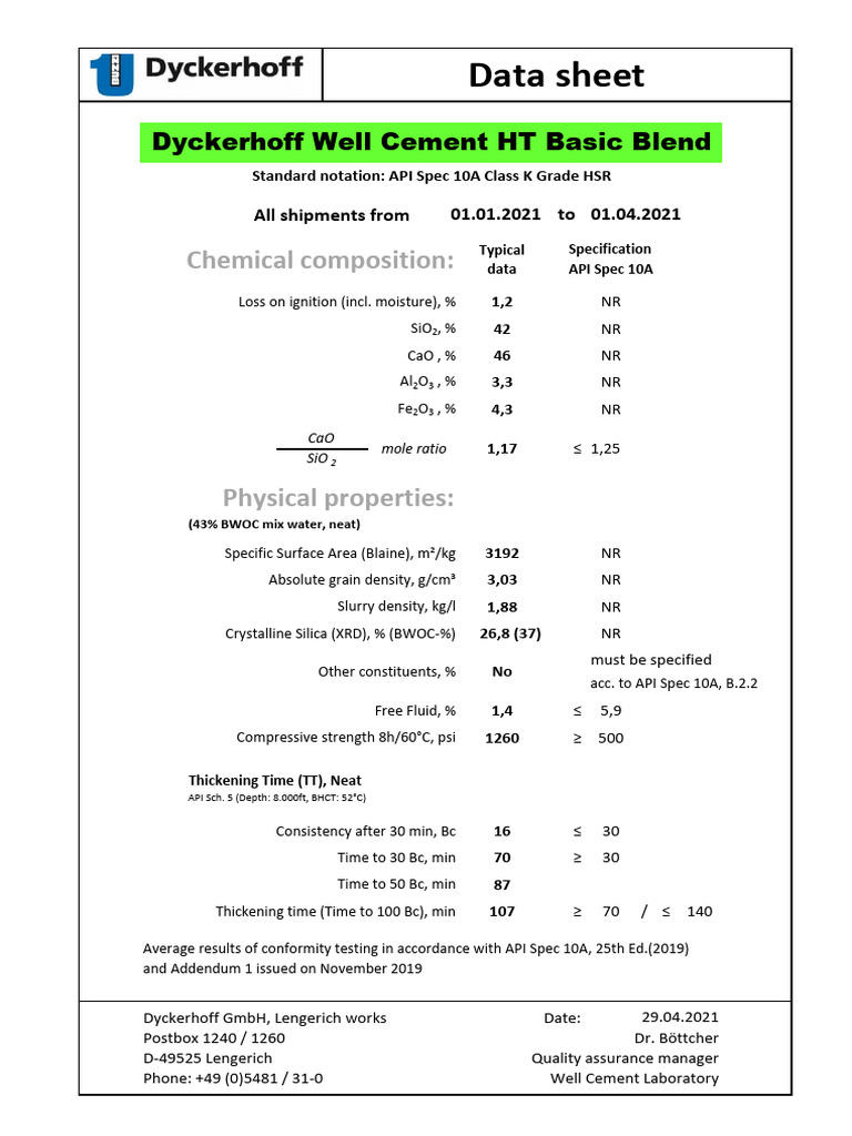 Dyckerhoff Well Cement - HT - BasicBlend - Lengerich - Standard Notation API Spec 10A Class K ...