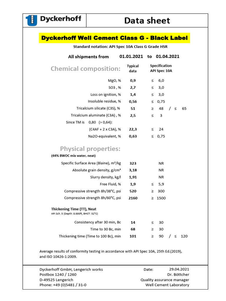 Dyckerhoff Well Cement Specifications | PDF | Materials | Building ...