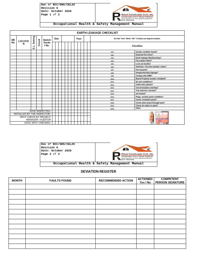 Earth Leakage Inspection Checklist | PDF | Electricity | Equipment
