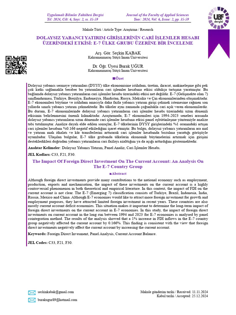 Dolaysiz Yabanci Yatirim G R Ler N N Car Lemler Hesabi Zer Ndek Etk S E-7 Lke Grubu Zer Ne B R ...