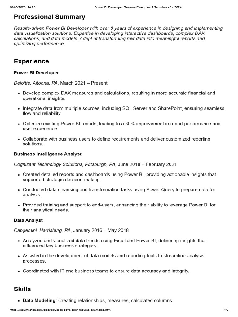 Power BI Developer Resume Examples & Templates For 2024 | PDF | Data ...