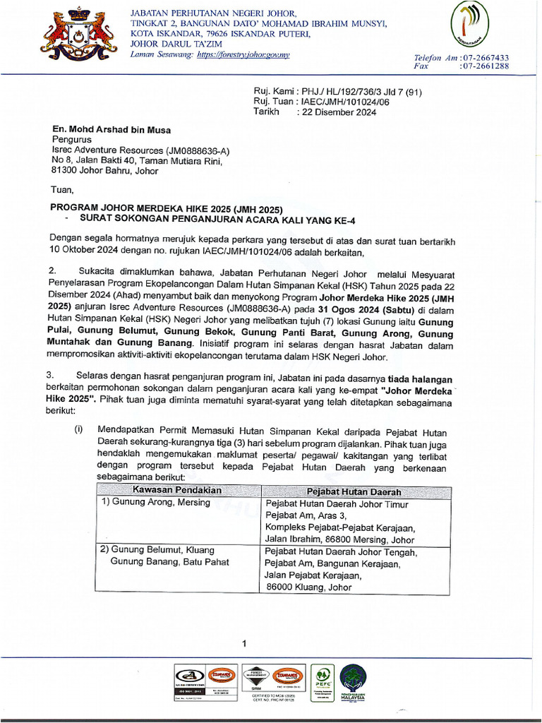 Surat Sokong Penganjuran Program Johor Merdeka Hike 2025-23122024195502 | PDF