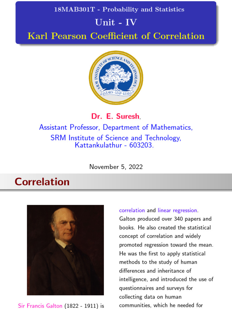 Unit - 4 - Karl Pearson Correlation Coefficient | PDF | Francis Galton | Statistics