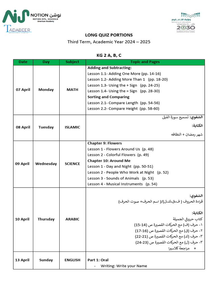 Long Quiz - KG2 - T3 - 2024-2025 | PDF | Learning To Read | Pedagogy