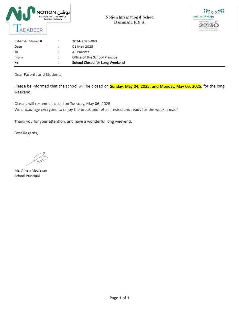 24-25 EXTERNAL MEMO #063 - School Closed For Long Weekend | PDF