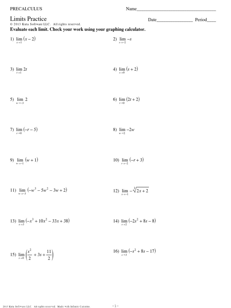 Precalculus Limits Practice Worksheet | PDF