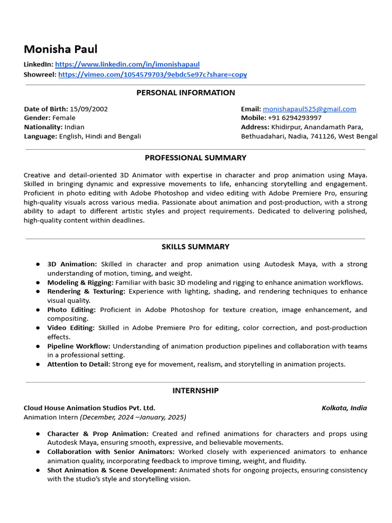 Monisha Paul - 3D Animator CV A4 | PDF | 3 D Computer Graphics | Editing