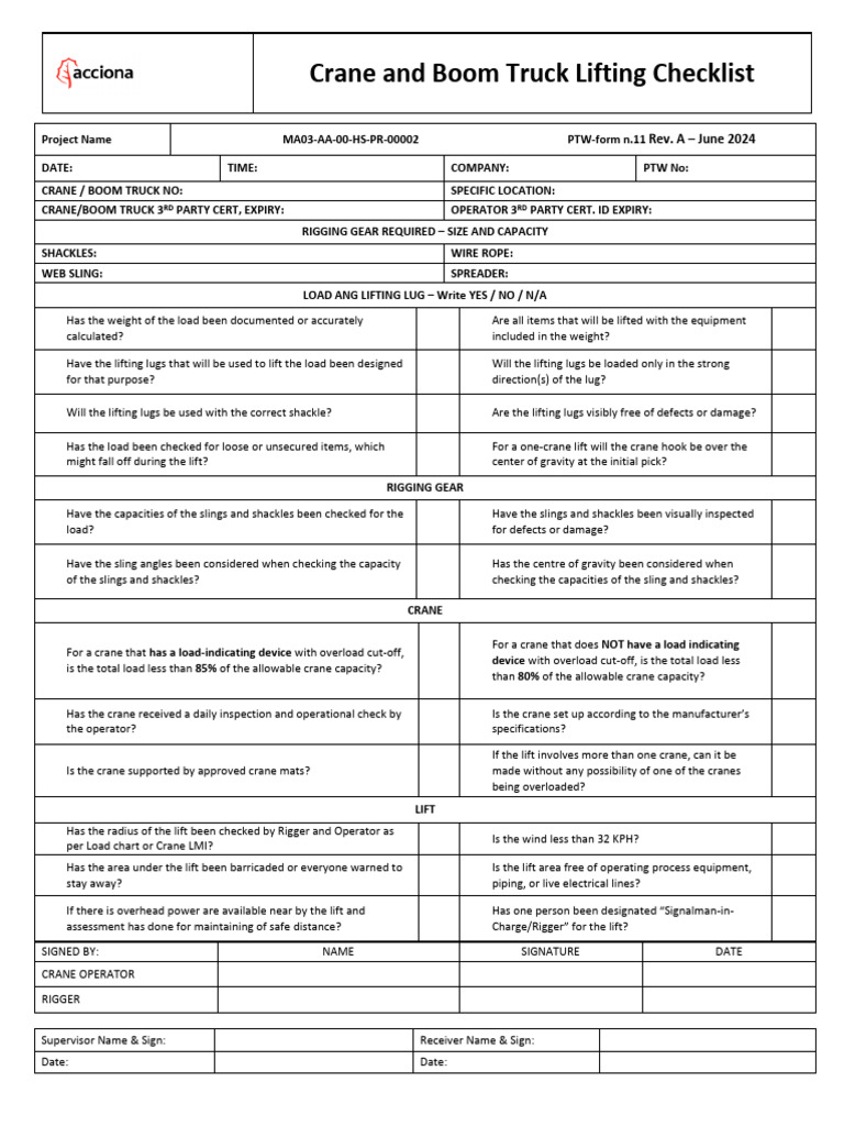 10.11 Appendix Xi Crane&Boom Truck Lifting Checklist | PDF | Crane ...