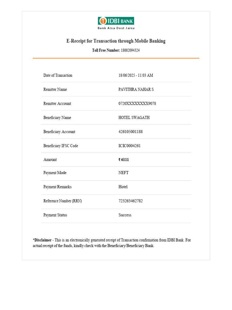 E-Receipt For Transaction Through Mobile Banking | PDF