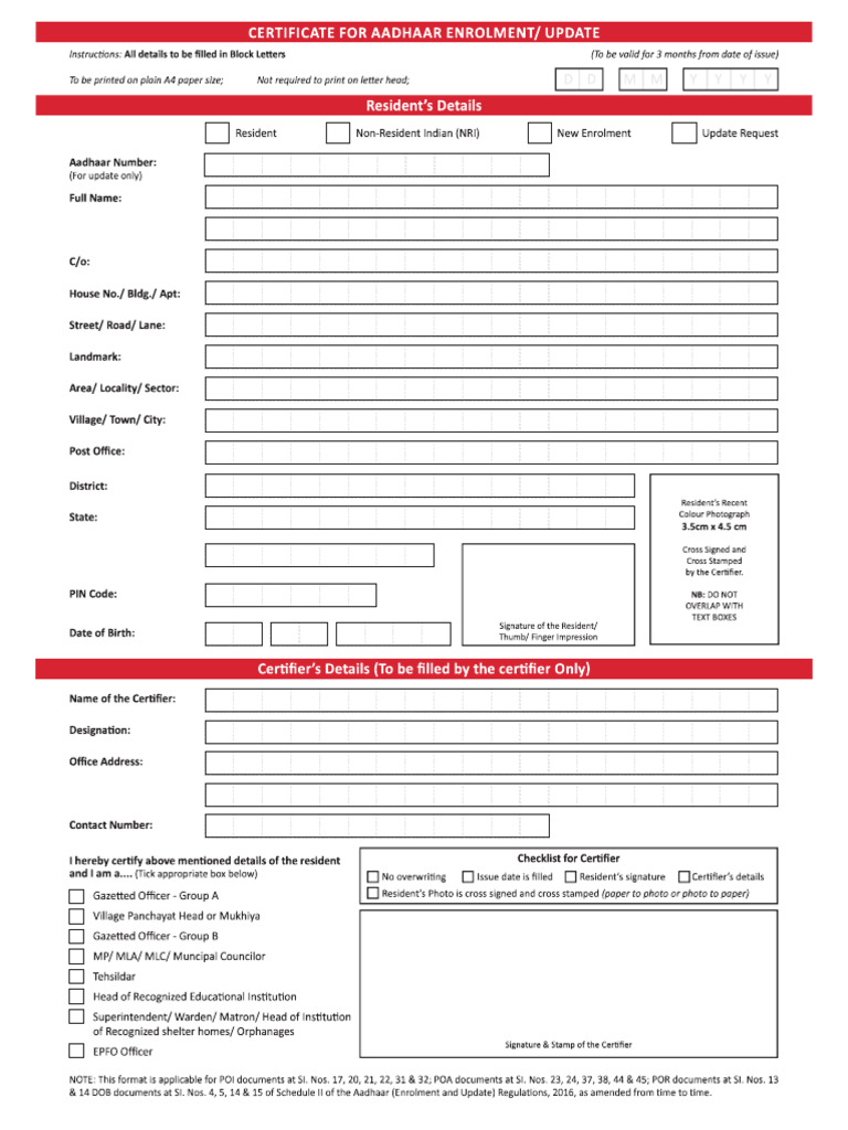 Aadhar Update Vao Certificate 2022 | PDF