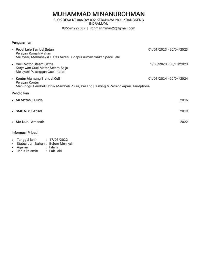 Contoh CV Simpel Pakai Aplikasi CV Marker | PDF