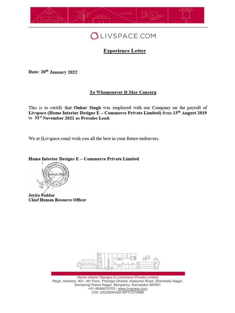 Onkar Singh-Experience Letter | PDF | Business | Common Law