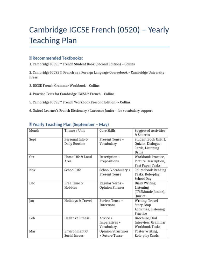 IGCSE French Yearly Teaching Plan | PDF | Grammatical Tense | Reading ...