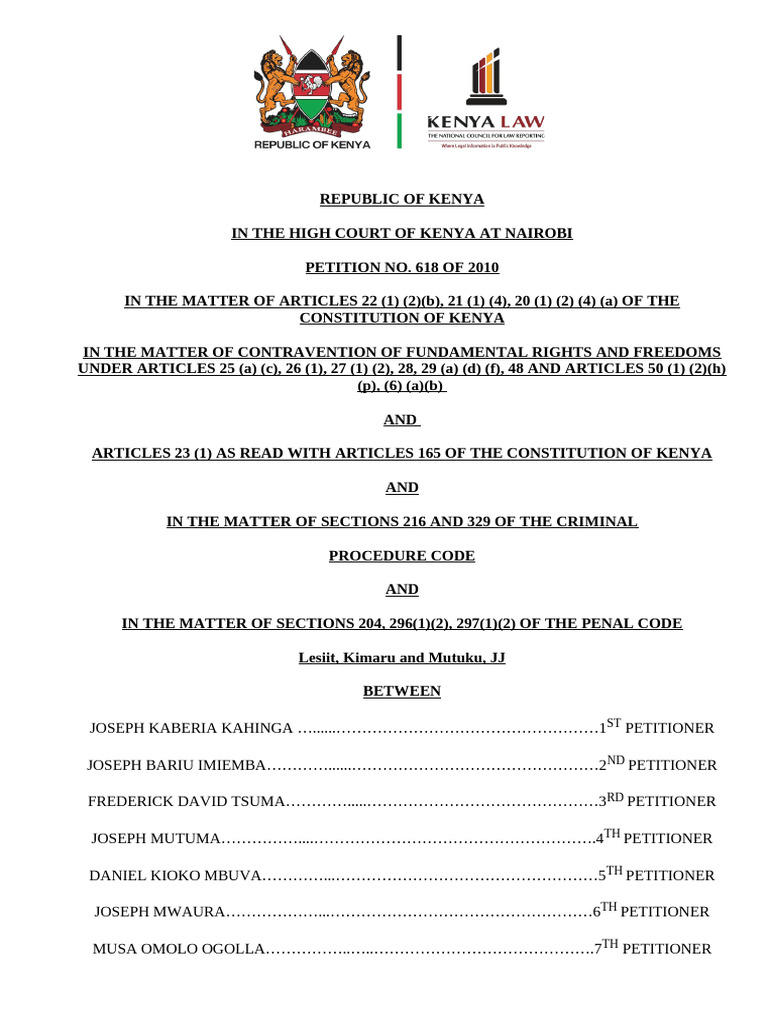 Joseph Kaberia Kahinga 11 Others V Attorney General 2016KEHC3275 (KLR) | PDF | Sentence (Law ...