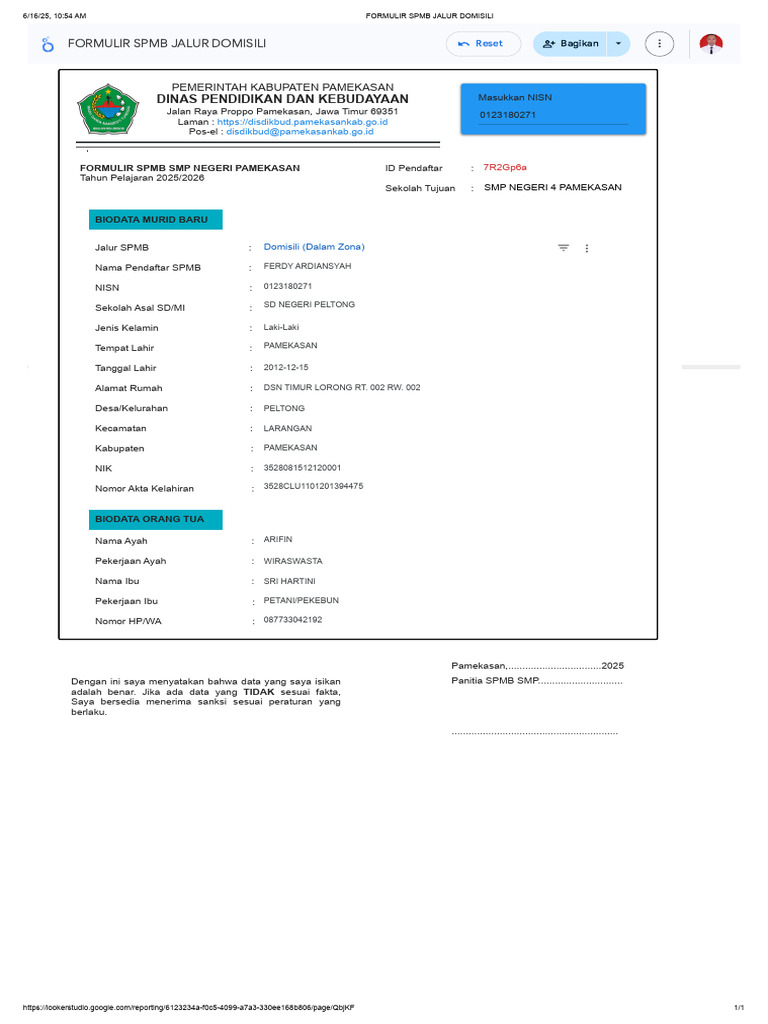 Formulir SPMB Jalur Domisili - Ferdy | PDF