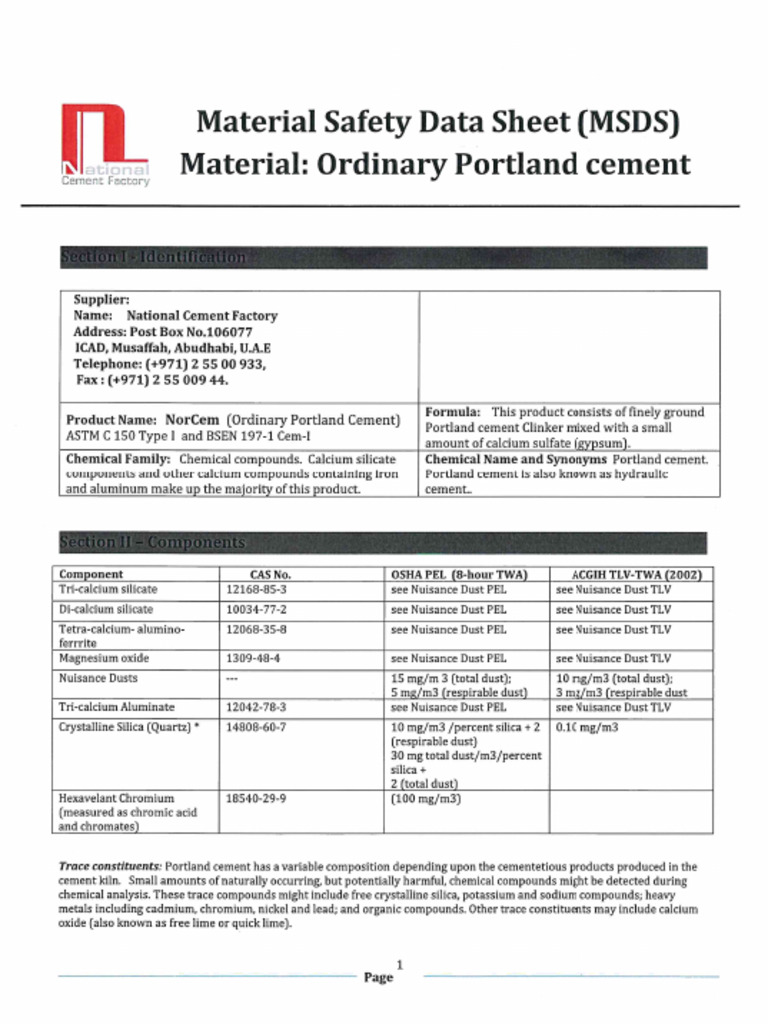 Msds Ordinary Portland Cement | PDF
