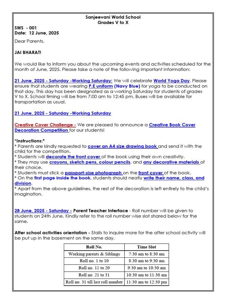 June Month Circular Grade 5 To 10 - SWS 001 | PDF