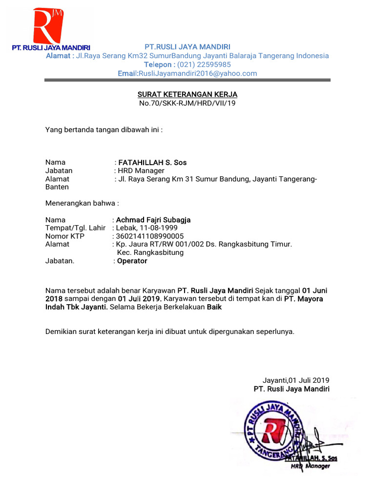 Surat Keterangan Kerja PT. Rusli Jaya | PDF