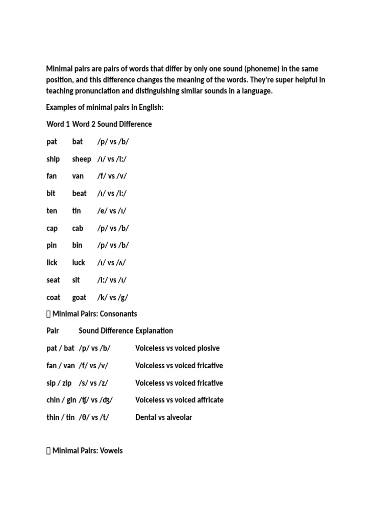 Minimal Pairs Are Pairs of Words That Differ by Only One Sound | PDF ...