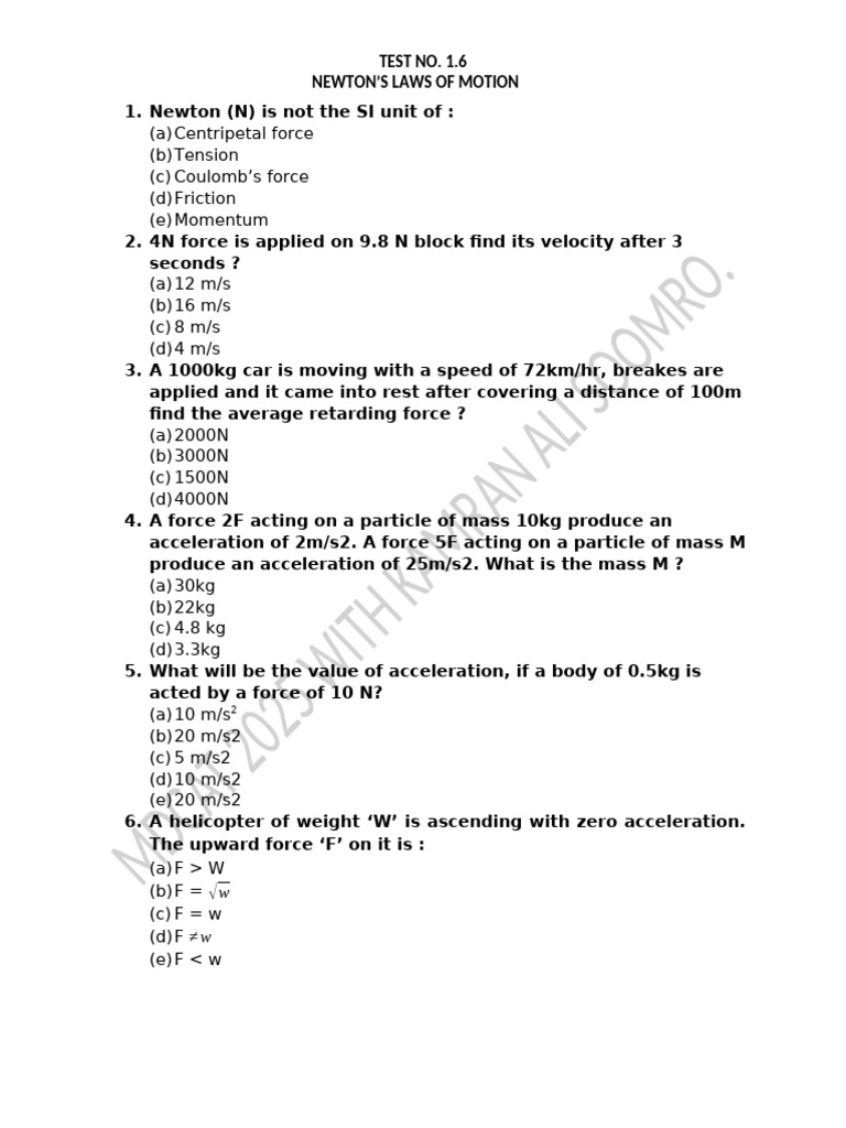 Newton's Laws of Motion Quiz Questions | PDF | Force | Acceleration