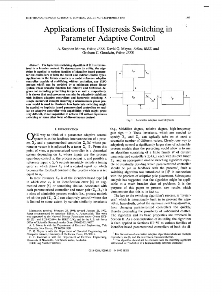 A S Morse 1992 Applications of Hysteresis Switching in Parameter ...