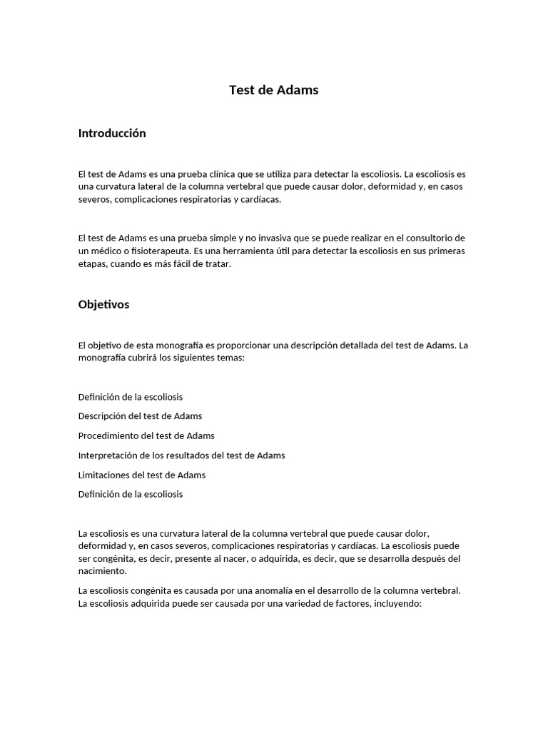 Test de Adams | PDF | Escoliosis | Especialidades Medicas