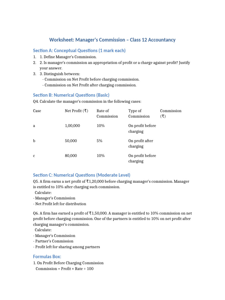 Manager Commission Worksheet Class12 | PDF