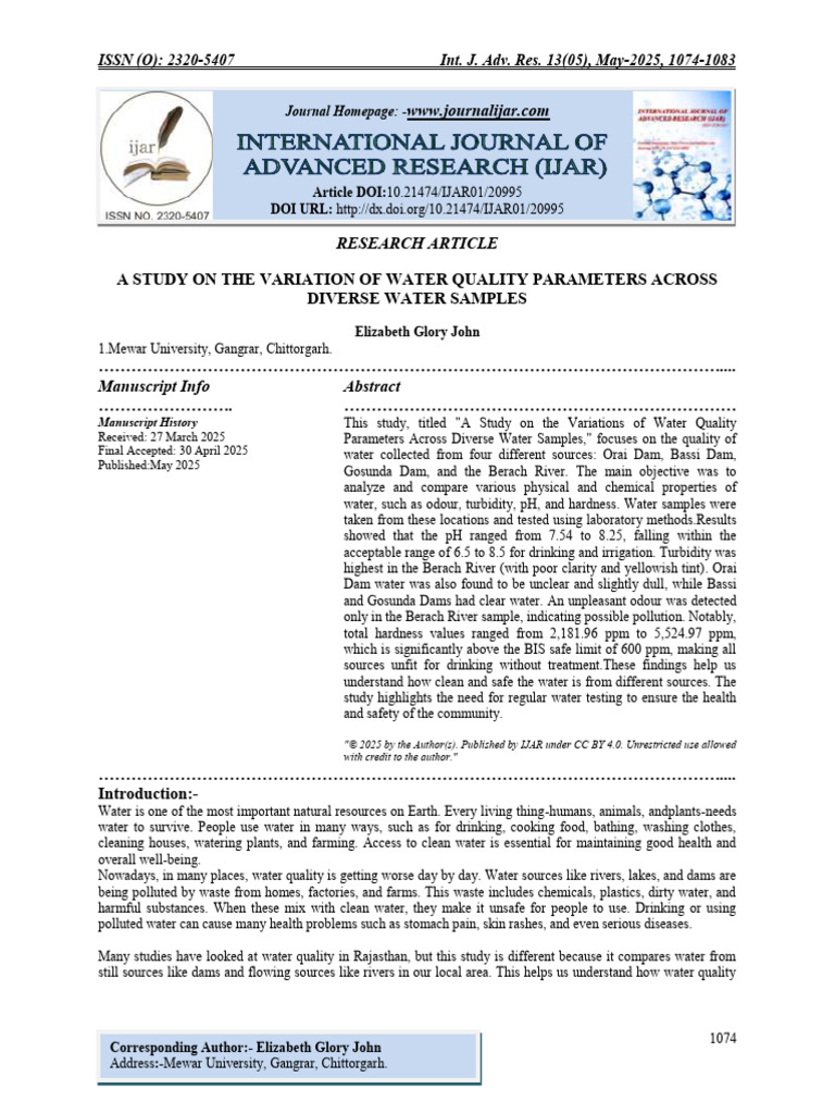 A Study On The Variation of Water Quality Parameters Across Diverse ...