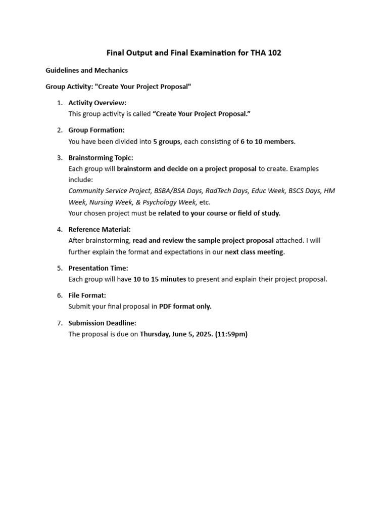 THA 102 Final Exam Project Proposal Guidelines | PDF | Learning | Cognition