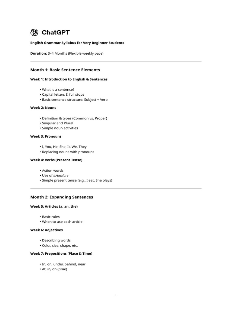 Beginner Grammar Syllabus | PDF