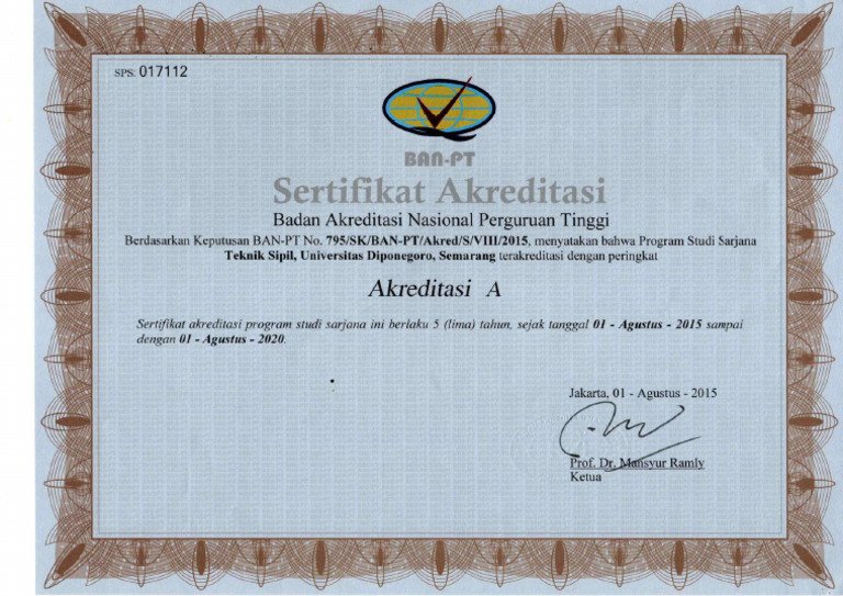 Sertifikat Akreditasi BAN PT S1 Teknik Sipil UNDIP 2015 2020 Compressed | PDF