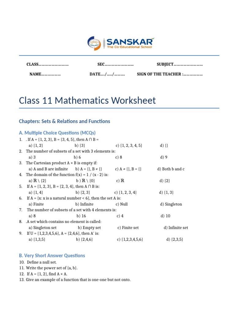 Class 11 Maths Worksheet Sets Relations Functions | PDF | Function (Mathematics) | Set (Mathematics)