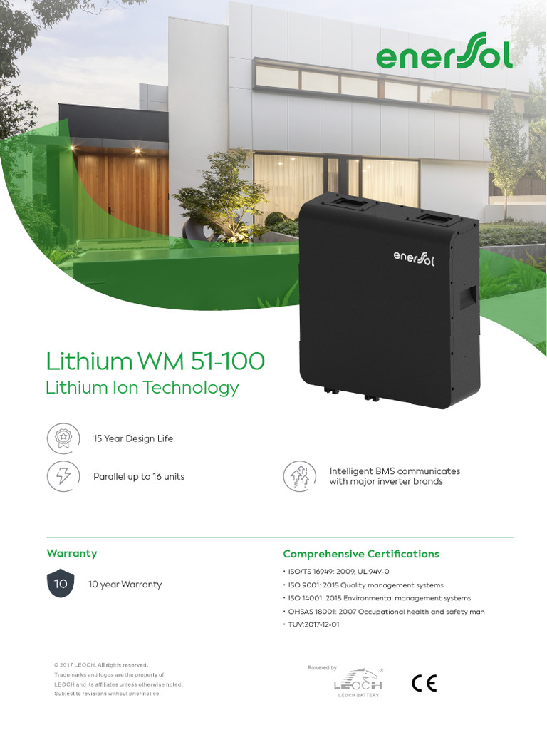 WM51-100 Enersol Battery Data Sheet Lithium v1 | PDF | Lithium Ion ...