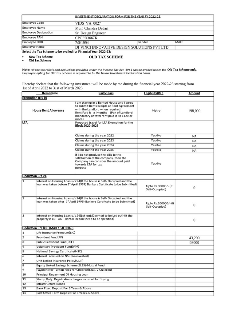 Investment Declaration Form FY 22-23 VIDS VA 0027 MUNI | PDF | Tax Deduction | Life Insurance