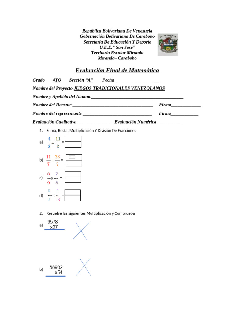 Evaluación Matemática 4to Grado Venezuela | PDF