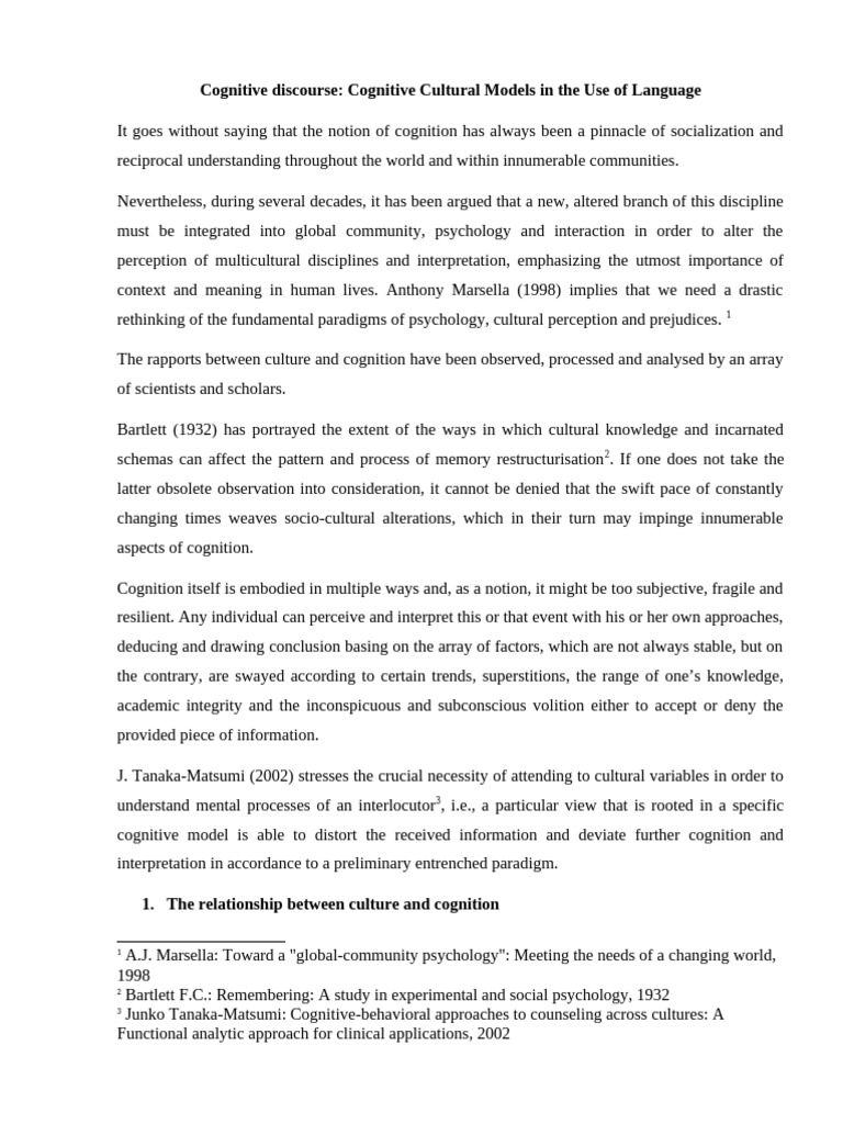 Cognitive Discourse (Cognitive Cultural Models in The Use of Language) | PDF | Cognition | Thought