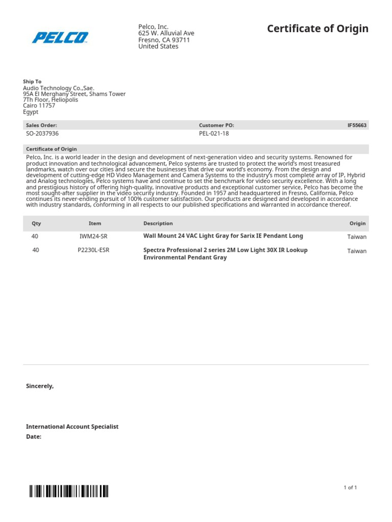 Pelco Certificate of Origin SO-2037936 | PDF