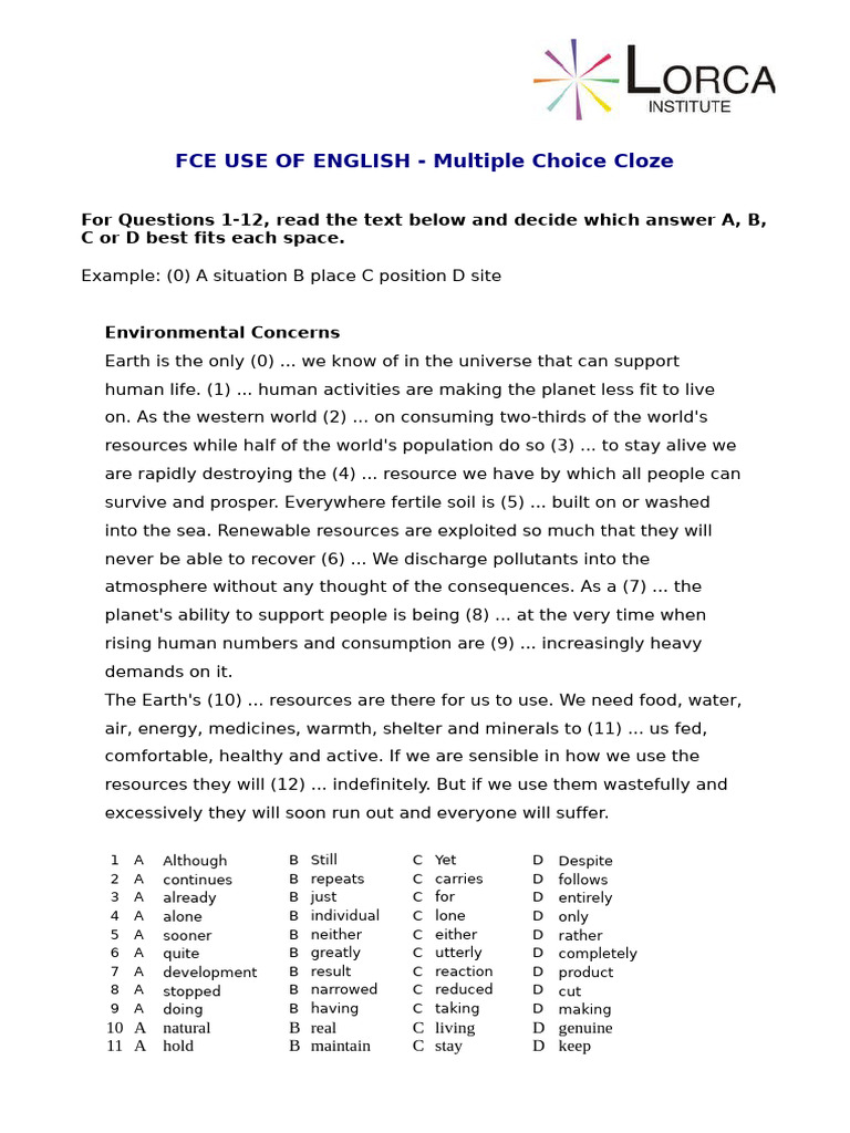 FCE Multiple Choice Cloze - Enviromental Concerns | PDF
