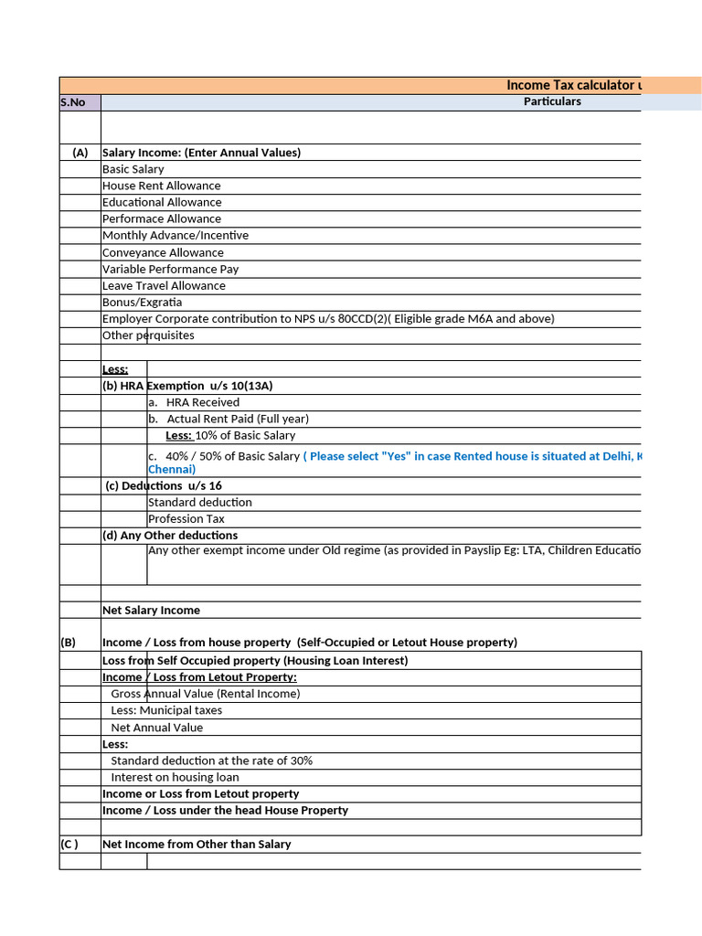 Template For Income Tax Cal in | PDF | Tax Deduction | Taxes