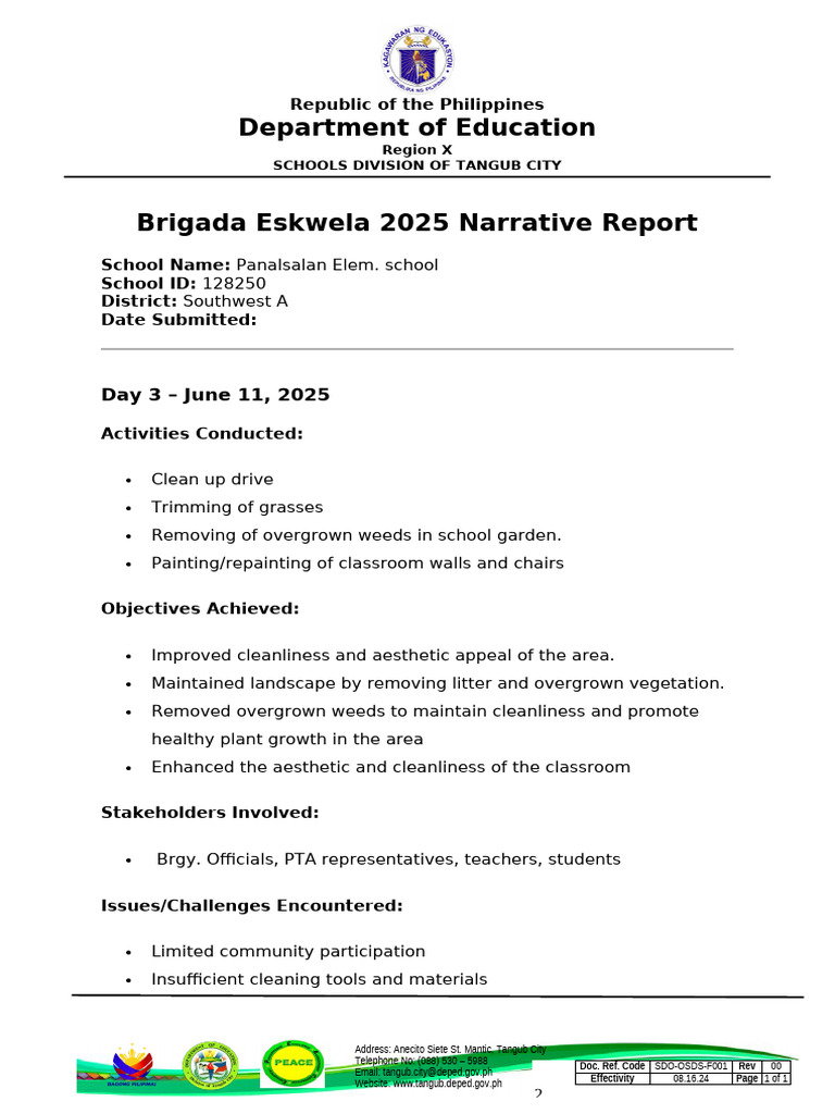 Daily Reporting For BRIGADA ESKWELA 2025 (Day 3) | PDF