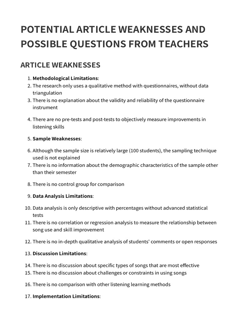 Potential Article Weaknesses and Possible Questions From Teachers | PDF ...