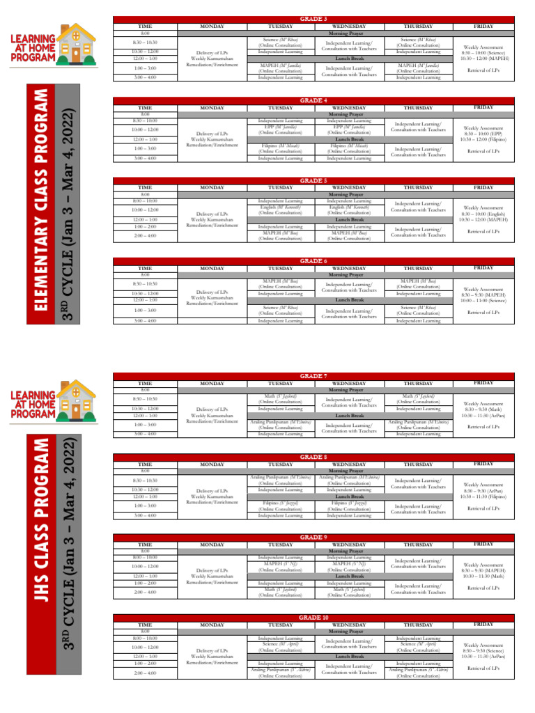 2022 Elementary and JHS Class Schedule | PDF