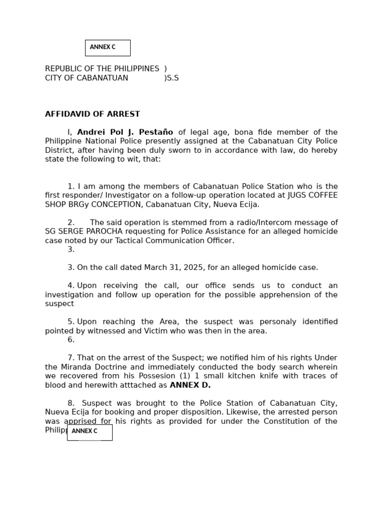 Cabanatuan Police Affidavit of Arrest | PDF