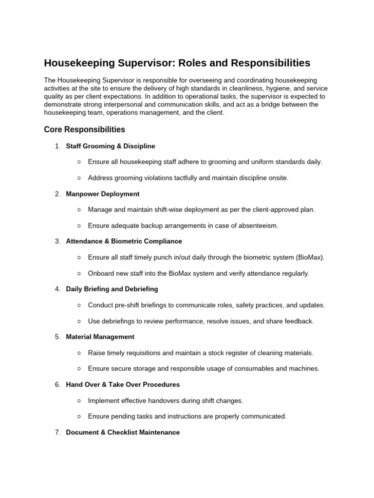 Housekeeping Supervisor Responsibilities | PDF | Performance Indicator ...