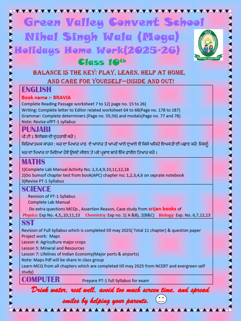 Holidays Home Work Class 10th 2025-26 | PDF
