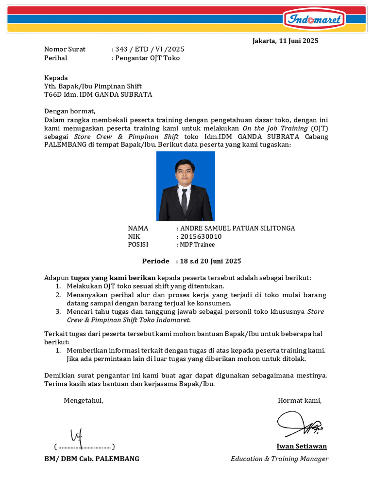 Surat Ojt - Andre Samuel Patuan Silitonga | PDF