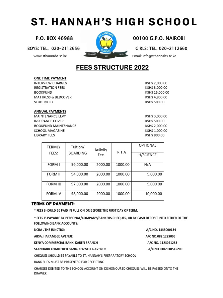 St. Hannah's School Fees Structure 2022 | PDF | Cheque | Banks