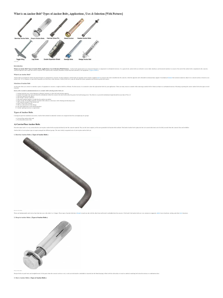 Types and Selection of Anchor Bolts | PDF | Screw | Mechanical Engineering