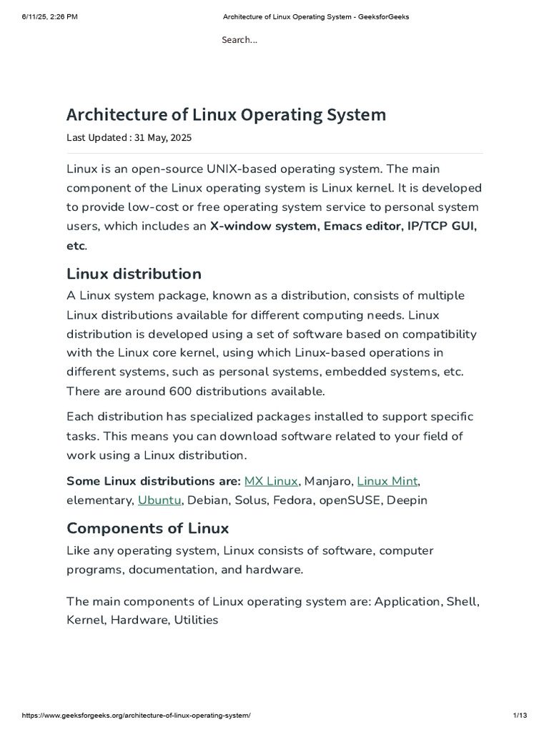 Architecture of Linux Operating System | PDF | Kernel (Operating System) | Operating System